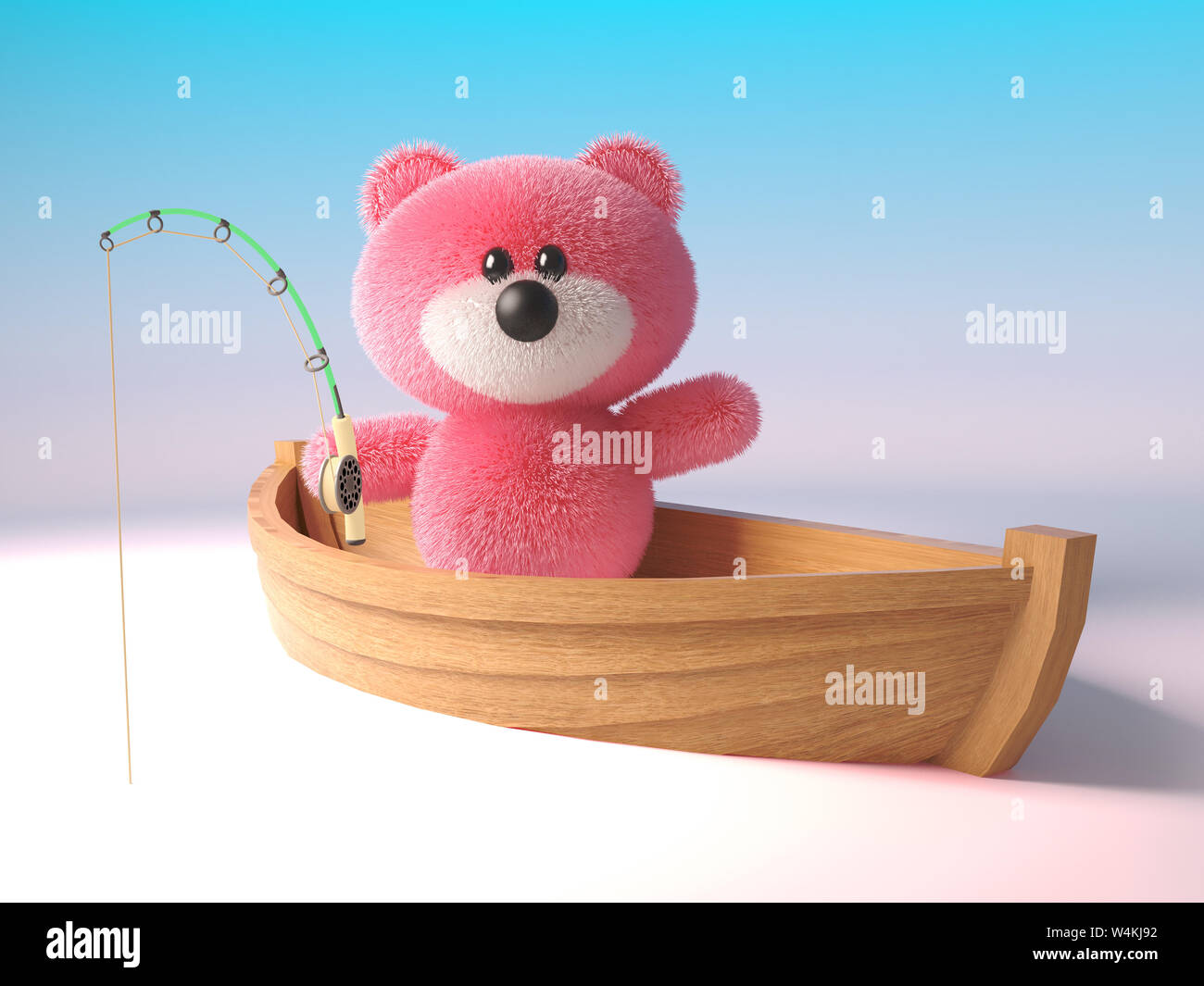 Cuddly pink fluffy teddy bear character is fishing from a dinghy boat ...