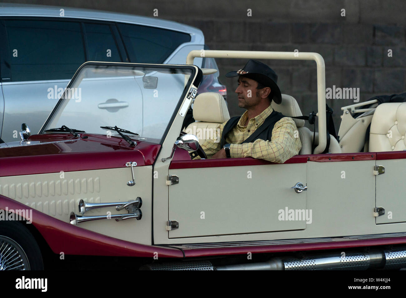PRAGUE, CZECH REPUBLIC - JULY 15 2019 - Old style cars in Medieval town ...