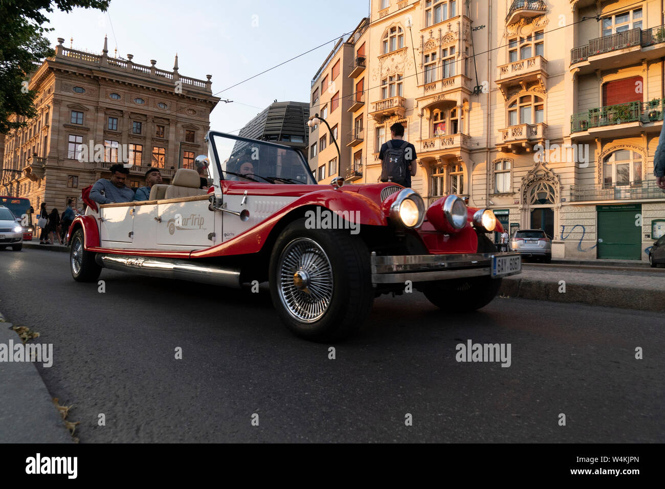 PRAGUE, CZECH REPUBLIC - JULY 15 2019 - Old style cars in Medieval town ...