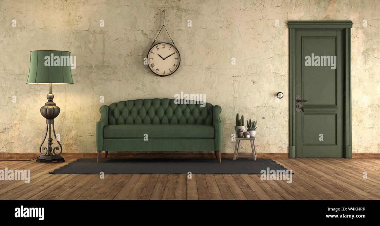 Grunge home interior with green sofa and closed door - 3d rendering ...