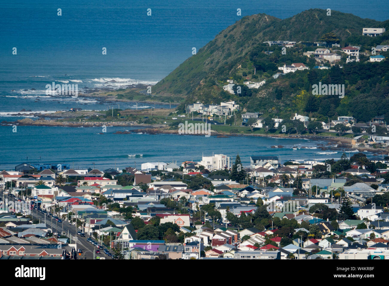Aerial view of Lyall Bay on the south coast of Wellington, New Zealand ...