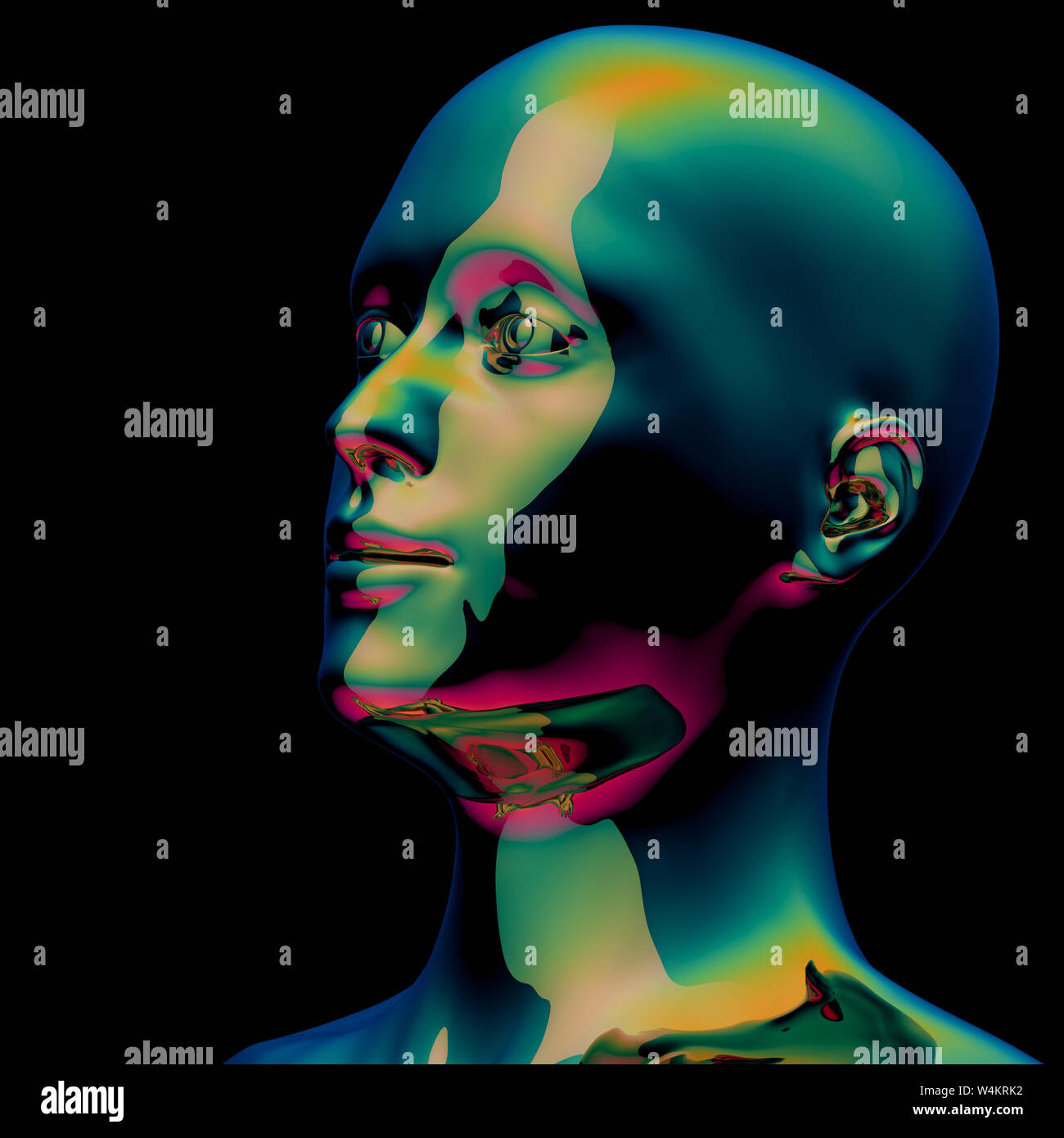 Stylized man head metallic green polished colorful reflections. Iron ...