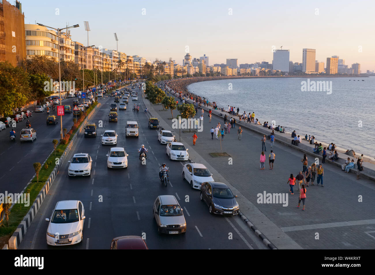 Late afternoon at Marine Drive, Mumbai, India, a boardwalk lining the ...
