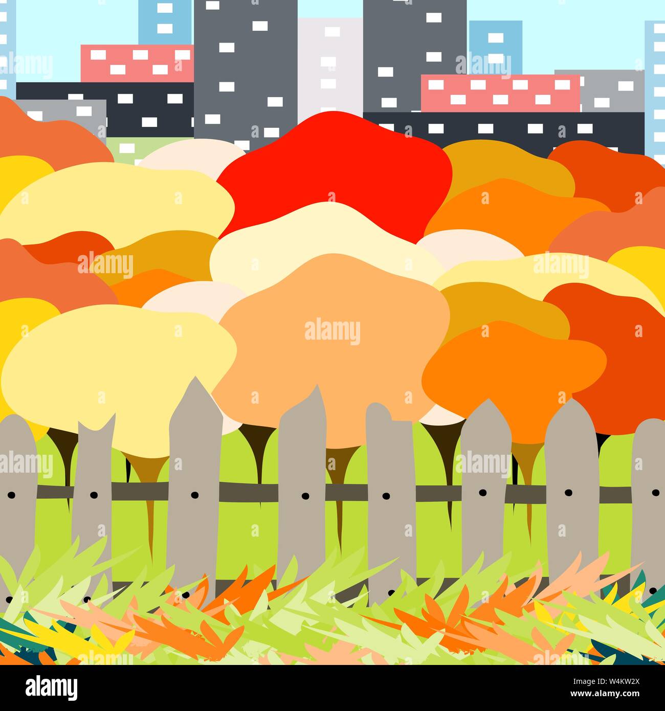 beautiful autumn city park on a background of a big city vector ...