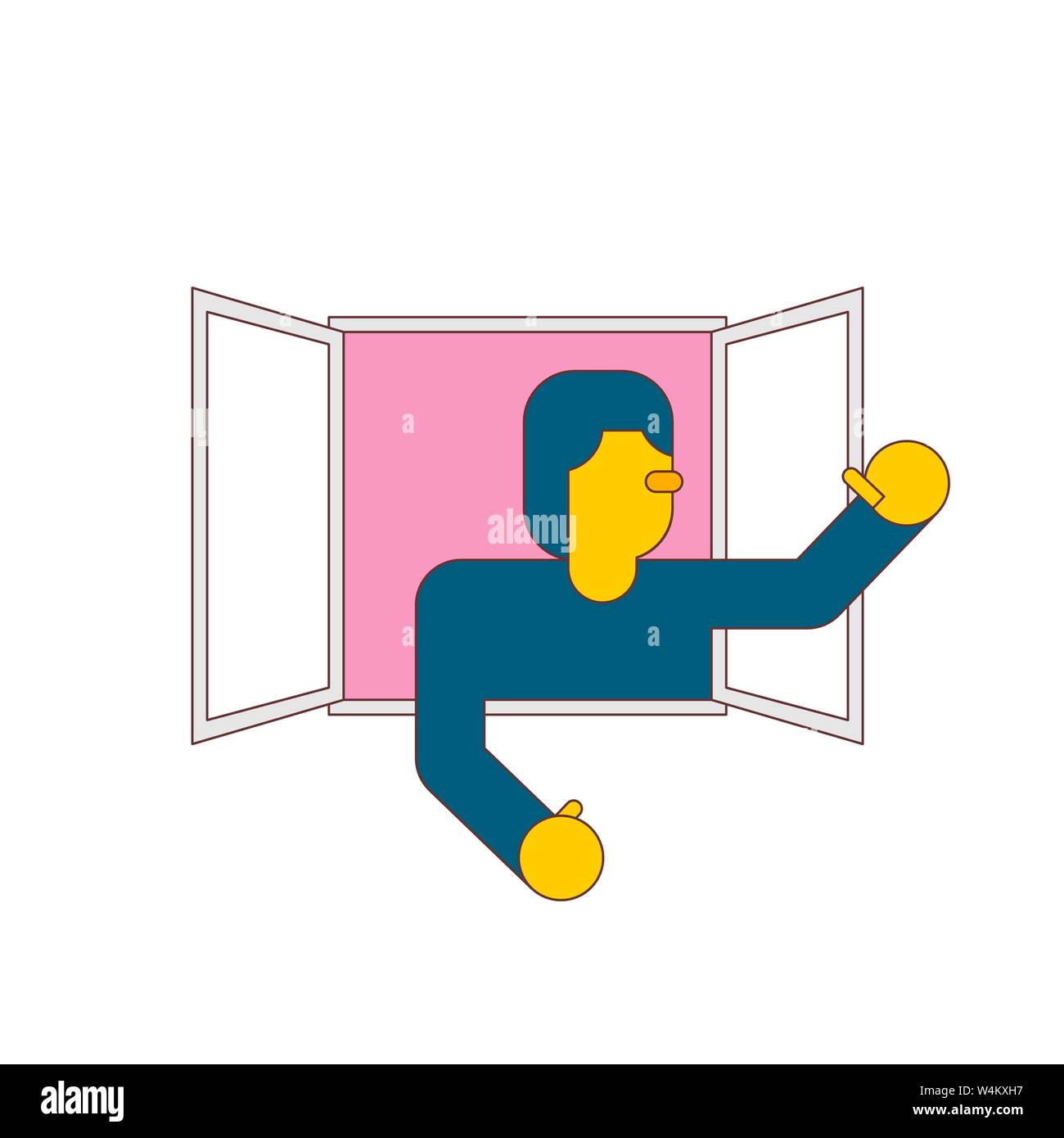 Man in window isolated. Guy casement waving his arms. vector ...