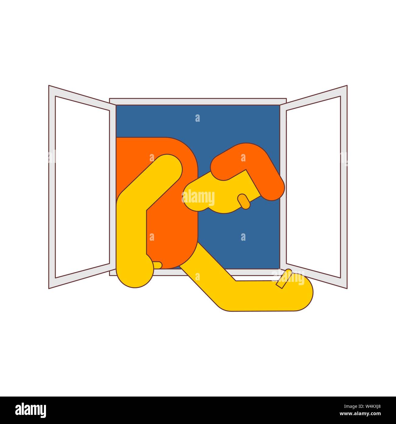 Man in window isolated. Guy casement waving his arms. vector ...