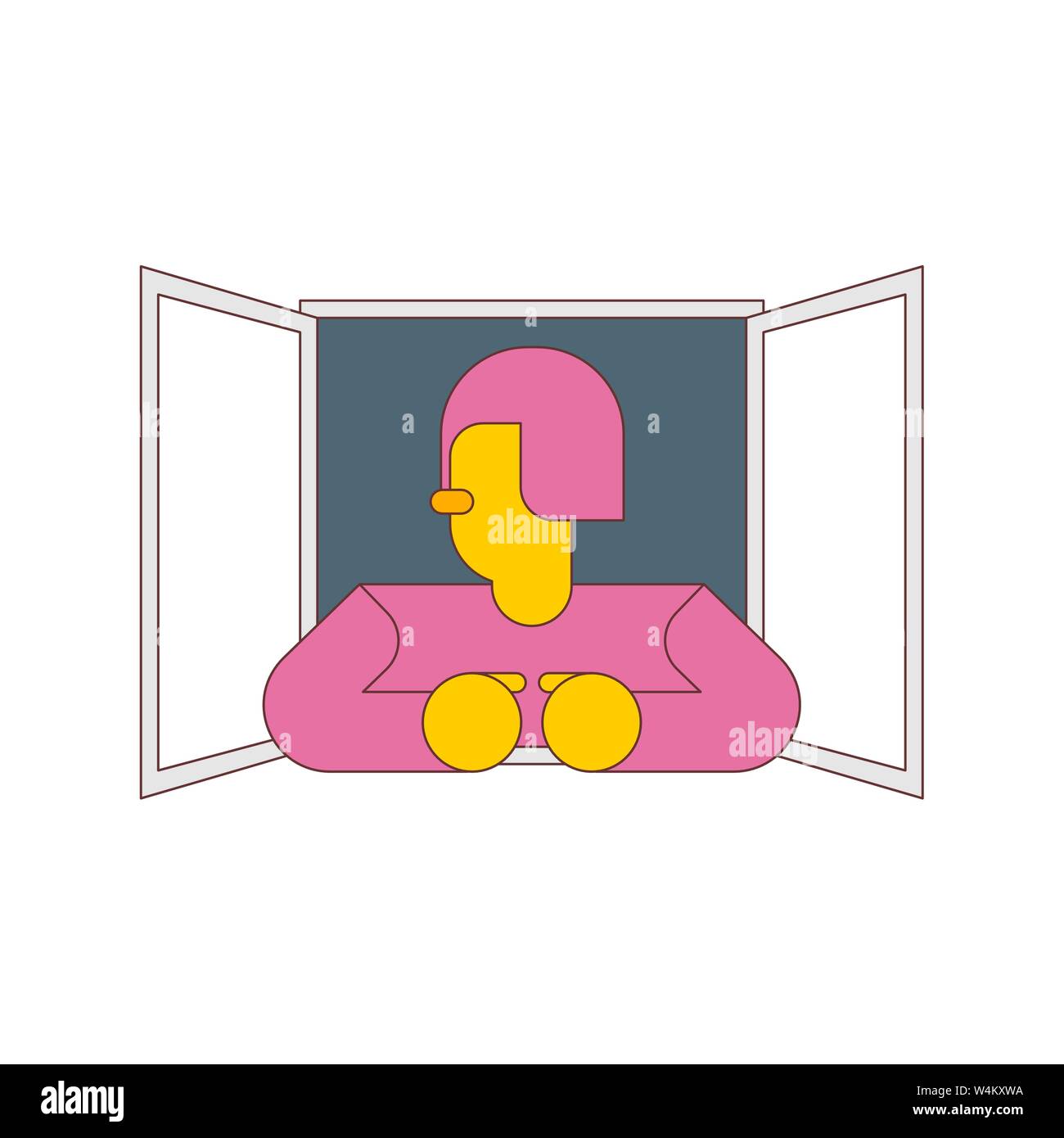 Woman in window isolated. Female casement waving his arms. vector ...