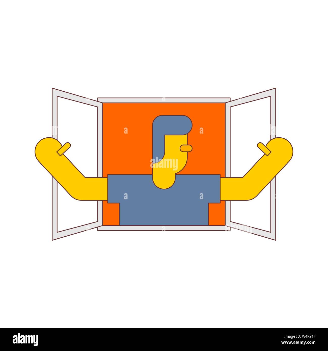 Man in window isolated. Guy casement waving his arms. vector ...