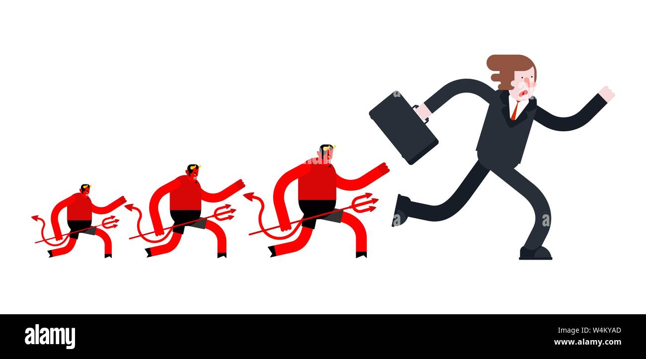 Businessman runs away from Devil. Satan is running after boss Stock ...