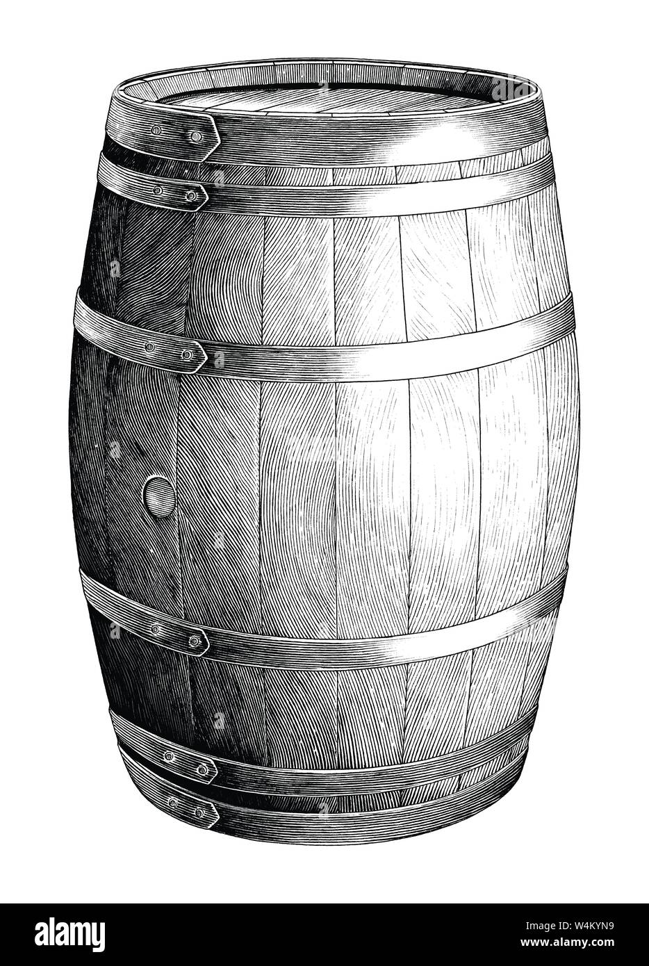 Antique engraving illustration of Oak barrel hand drawing black and ...
