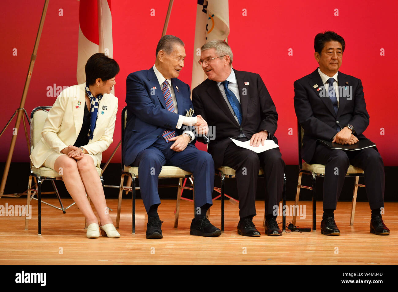Tokyo, Japan. 24th July, 2019. (L-R) Yuriko Koike, Yoshiro Mori, Thomas ...
