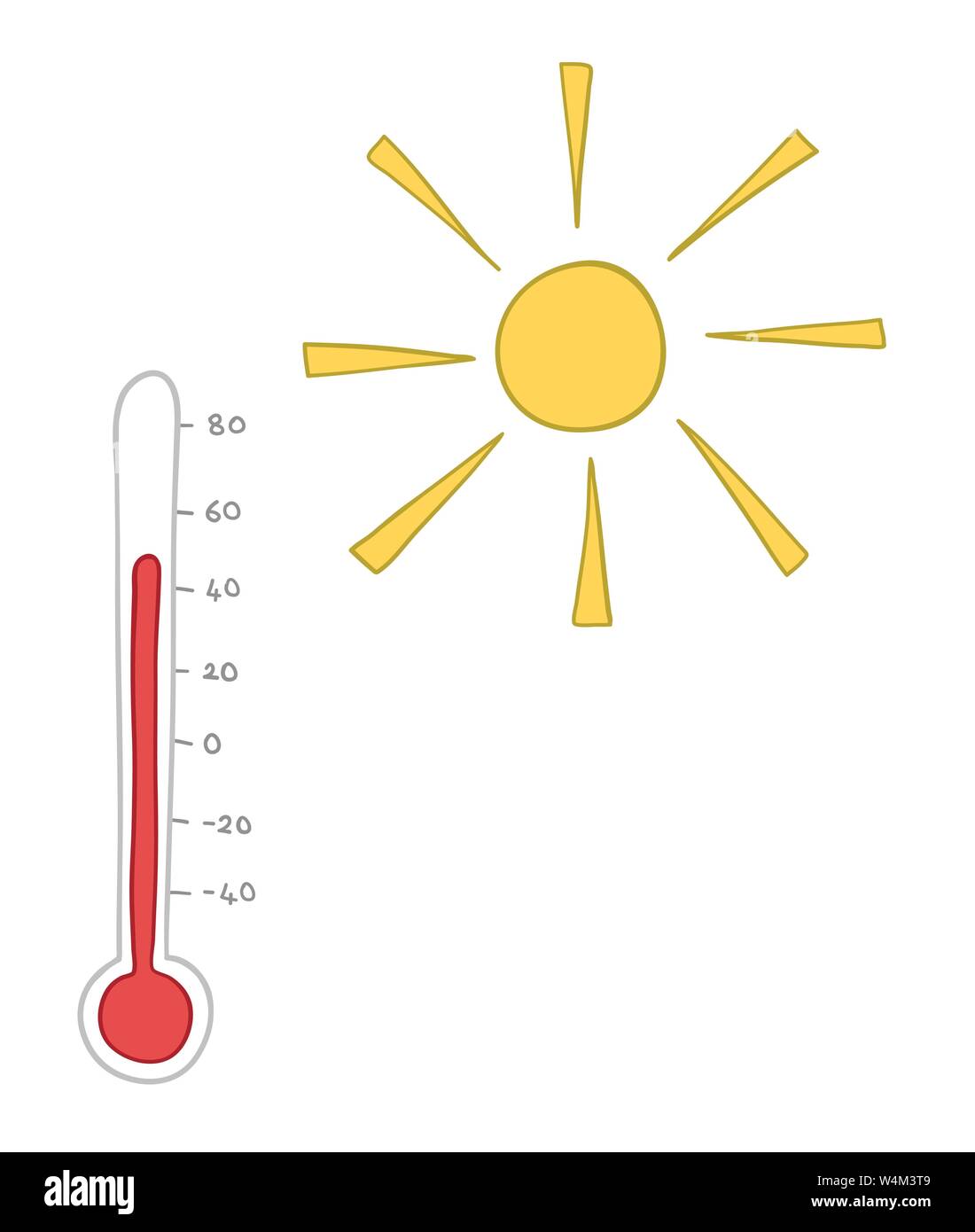 Vector hand-drawn illustration of hot weather, sun and thermometer ...