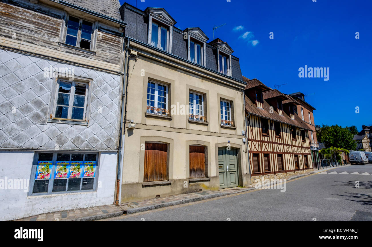 Street scene in the town of Bernay, Normandy, France featuring typical ...