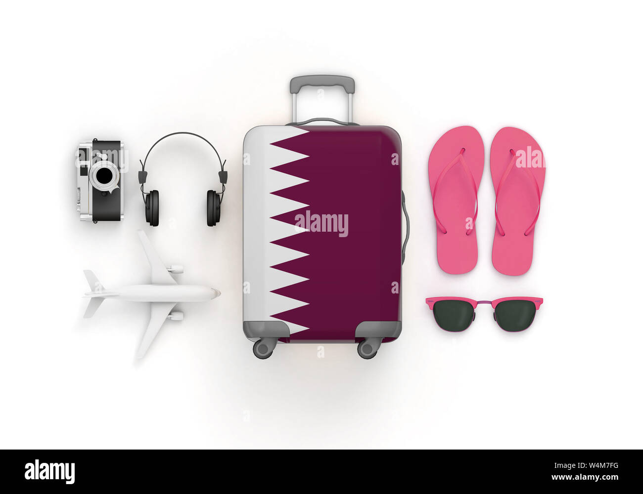 Qatar flag suitcase and travel accessories lay flat. 3D Render Stock ...