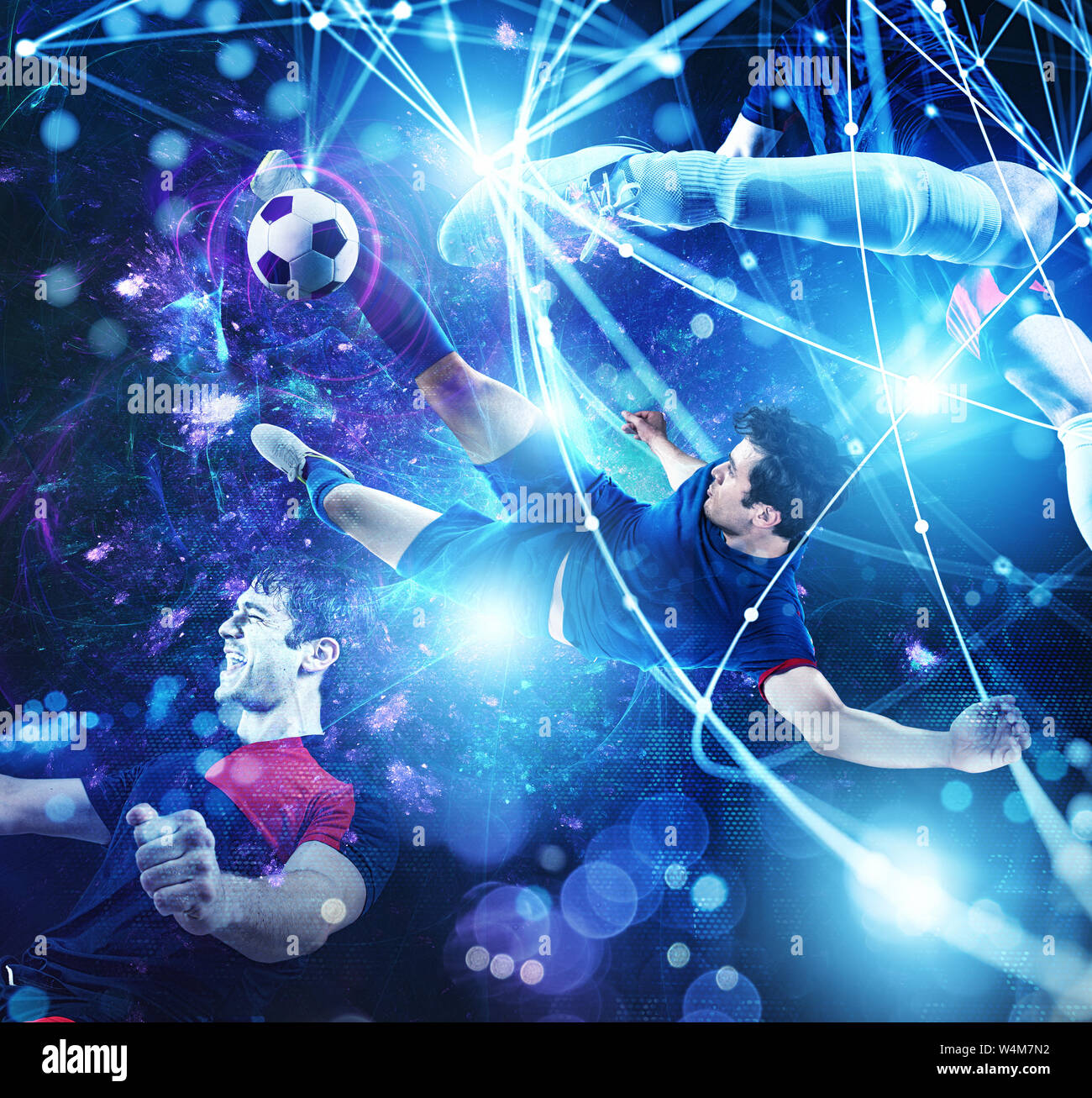 Football scene with soccer player in front of a futuristic digital ...