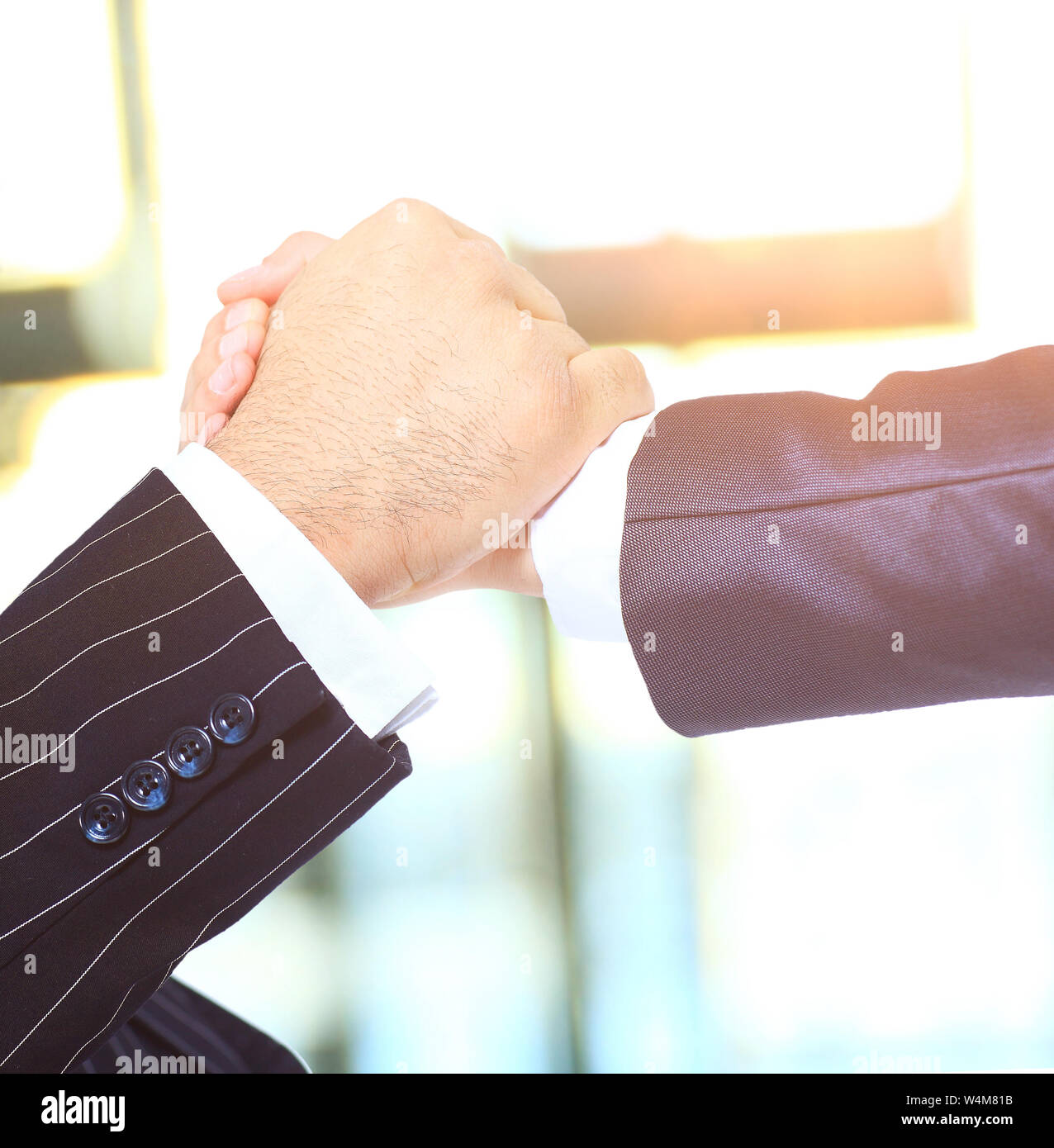 Make a deal. Handshake on an office background on a sunny day Stock ...