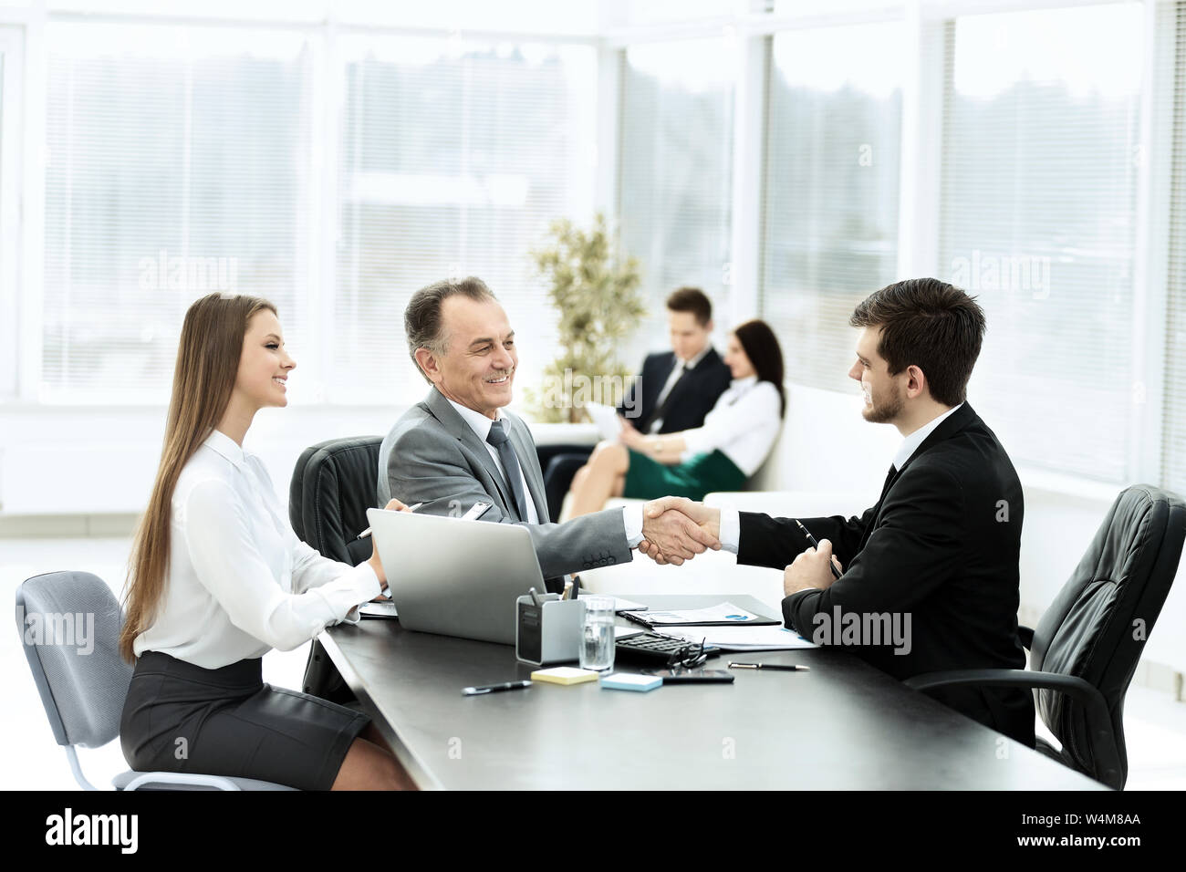 Business partners handshake deal secured in the workplace in the office ...