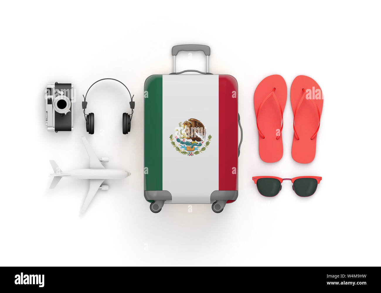 Mexico flag suitcase and travel accessories lay flat. 3D Render Stock ...