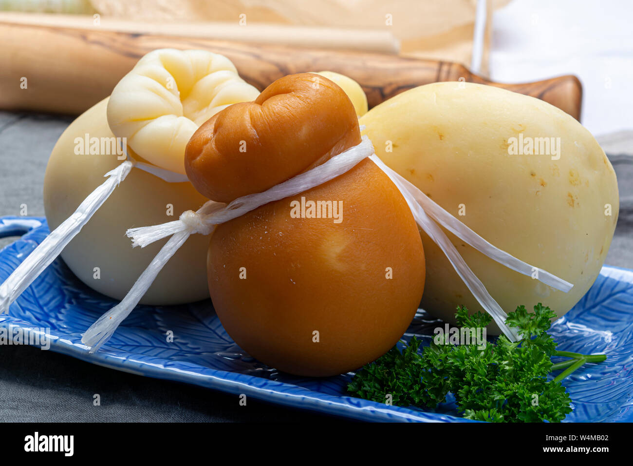 Cheese collection, Italian provolone caciocavallo aged and smoked ...