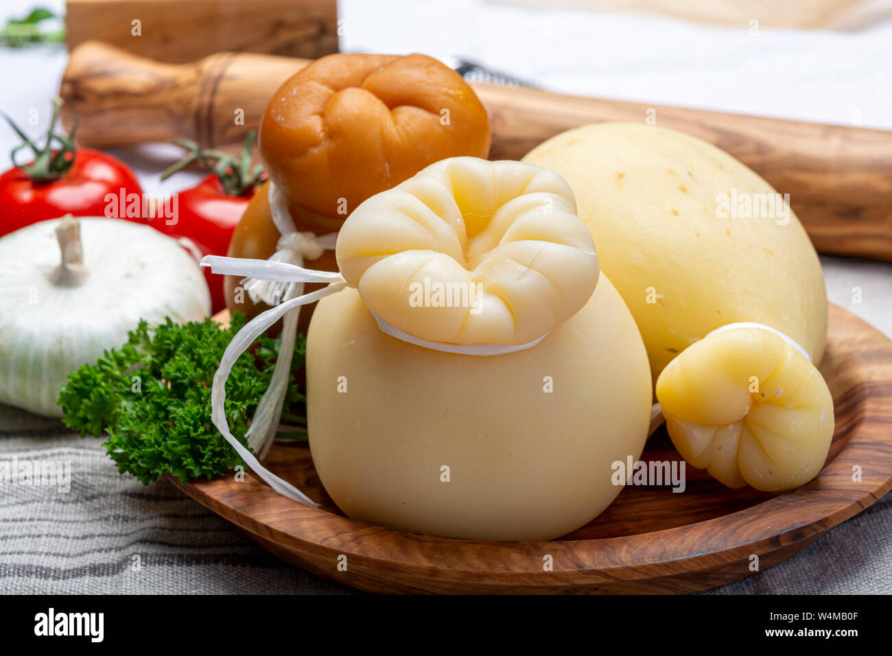 Cheese collection, Italian provolone or provola caciocavallo hard and ...