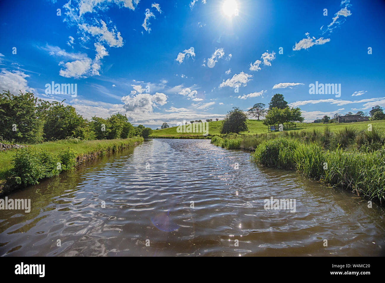 Landscape view of English rural countryside scenery on British waterway ...