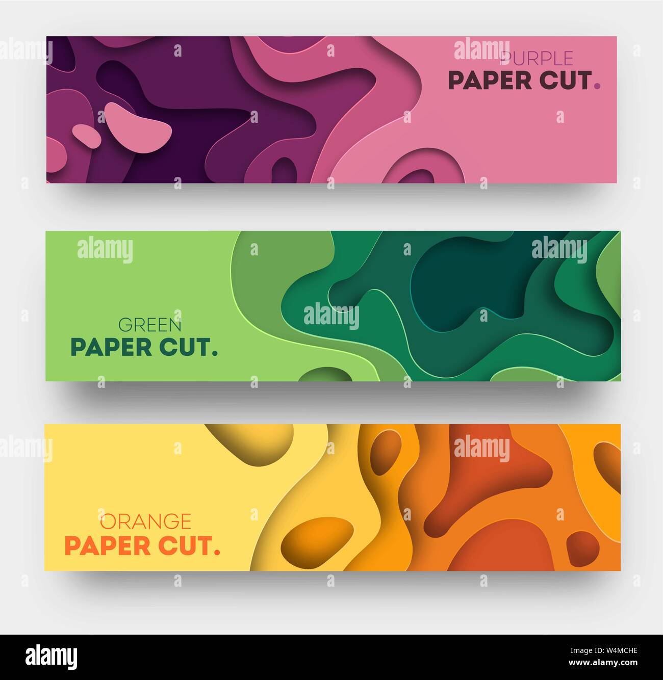 Horizontal banners with 3D abstract background, white paper cut shapes ...