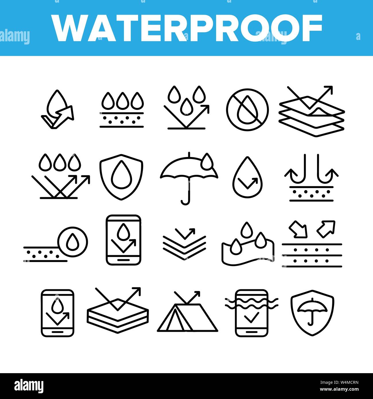 Waterproof, Water Resistant Materials Vector Linear Icons Set Stock ...