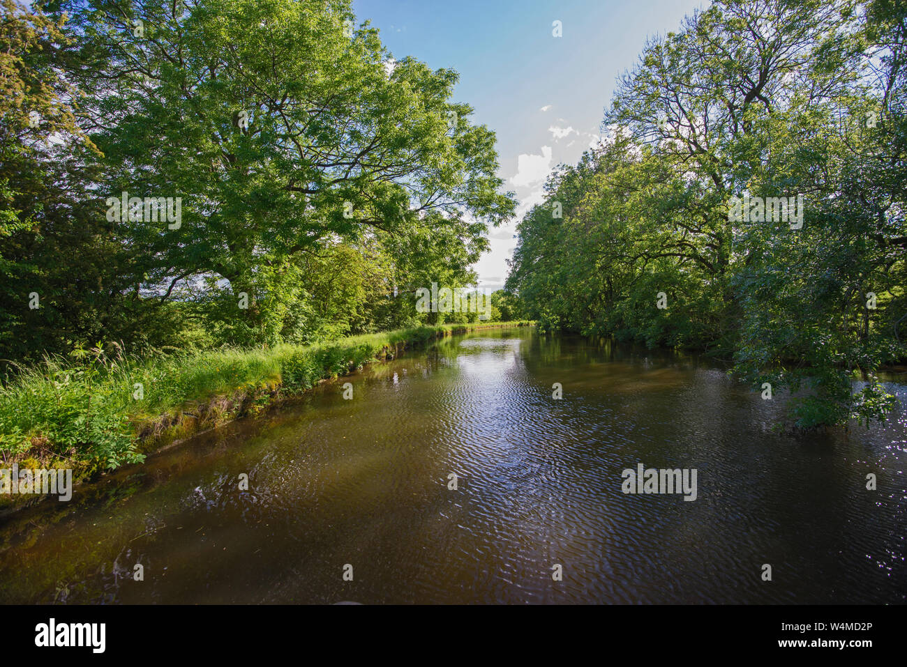 Landscape view of English rural countryside scenery on British waterway ...