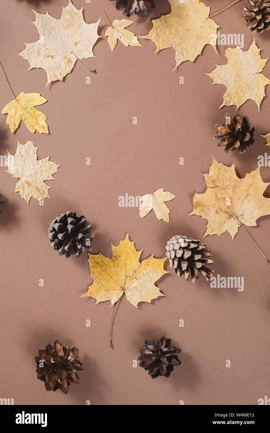 Autumn leaves pattern with bumps on brown background. Creative nature ...