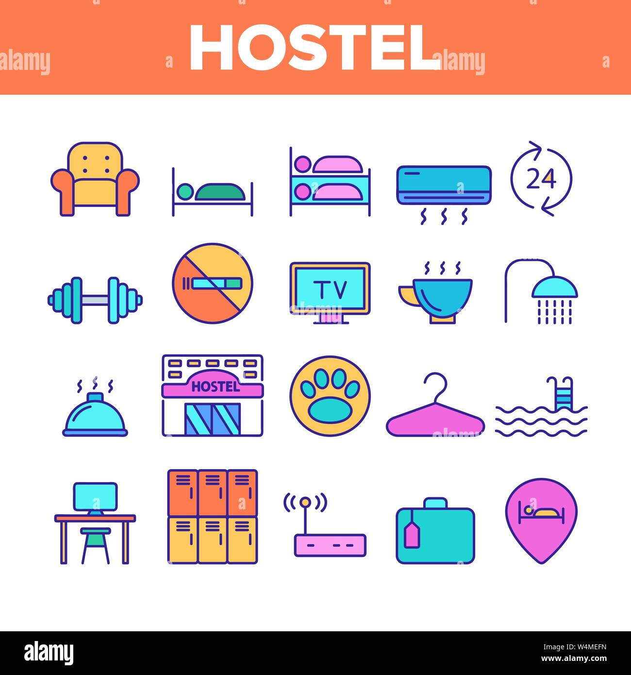 Color Hostel, Tourist Accommodation Vector Linear Icons Set Stock ...
