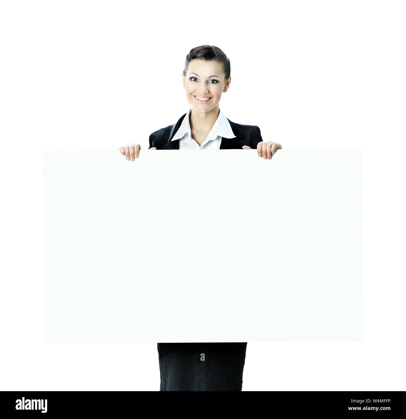 Beautiful business woman with a white banner. Isolated on a white ...