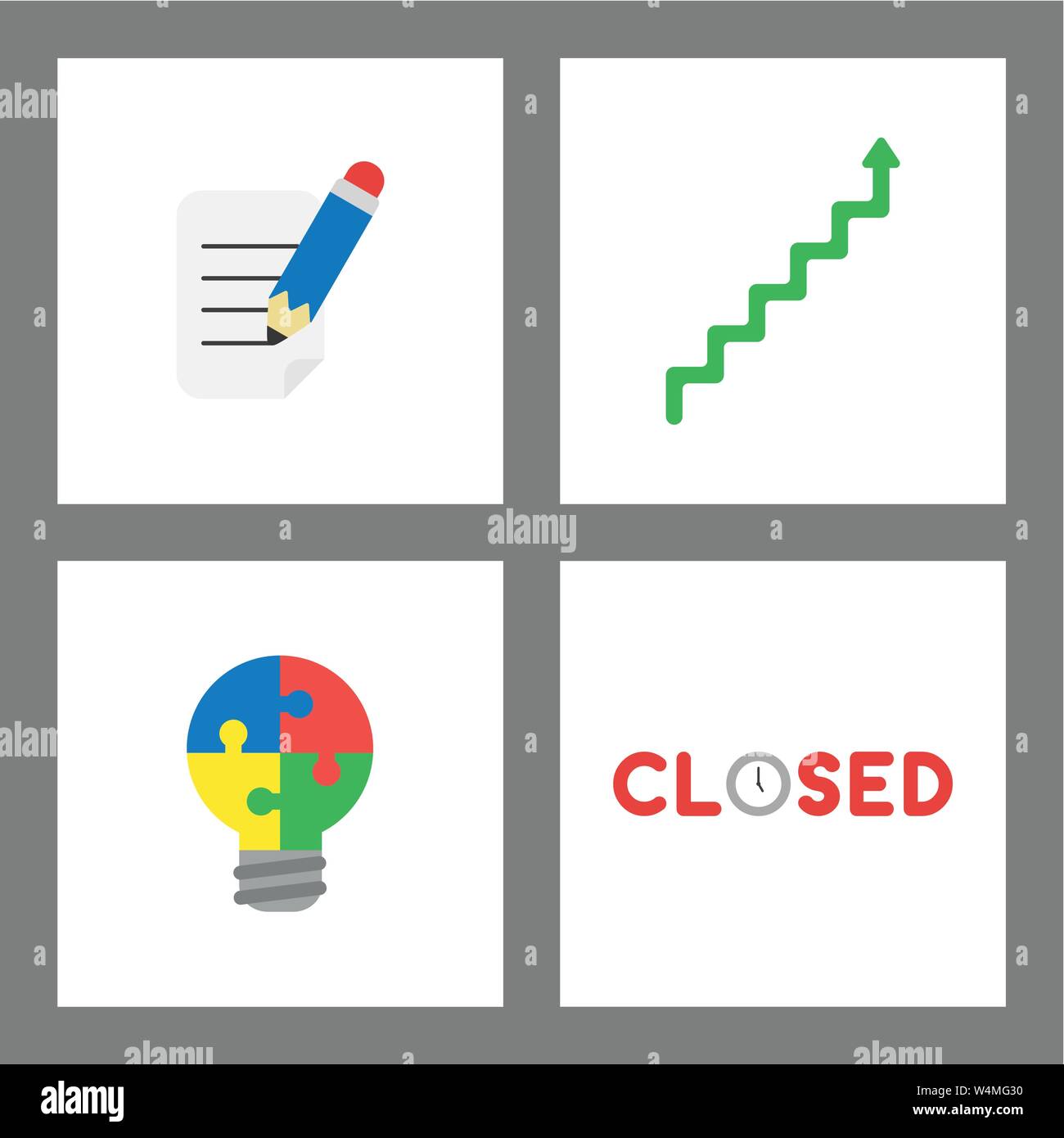Vector icon concept set. Writing paper, arrow stairs up, puzzle light ...