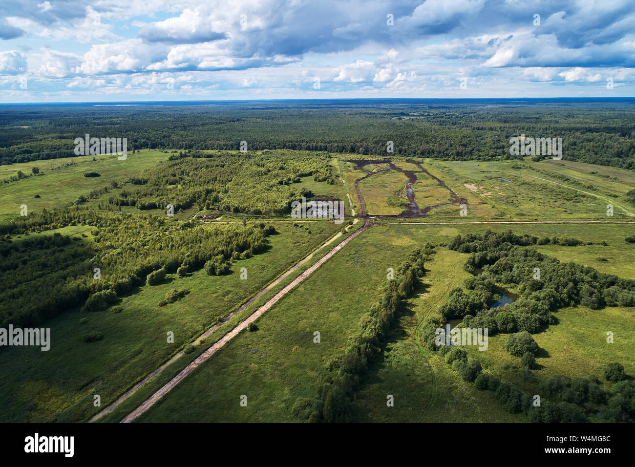 Aerial photography with a drone. Landscape with green forest, road and river Stock Photo - Alamy