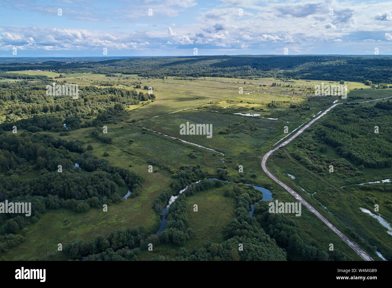 Aerial photography with a drone. Landscape with green forest, road and river Stock Photo - Alamy