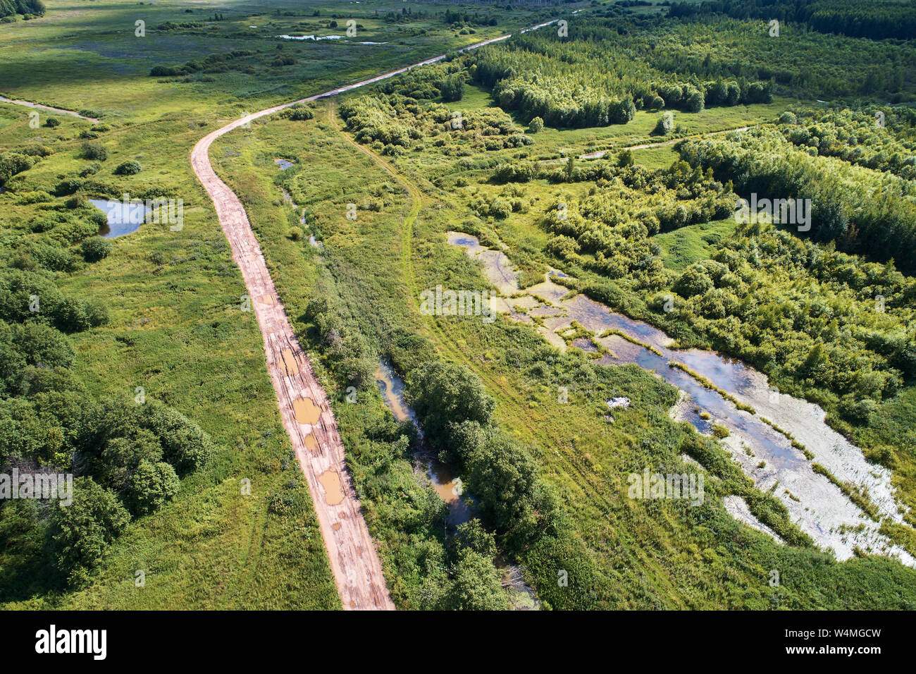 Aerial photography with a drone. Landscape with green forest, road and river Stock Photo - Alamy