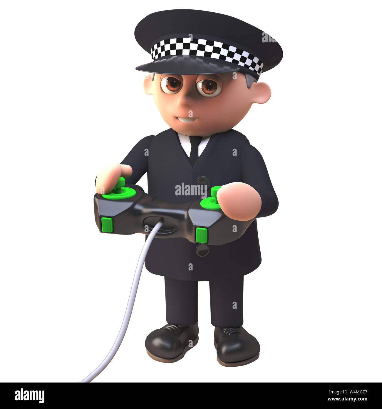 Police officer policeman character in uniform plays a video game with a ...