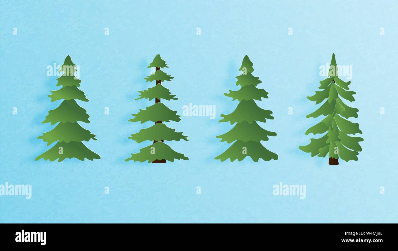 Set of different pine tree on blue background in paper cut style ...