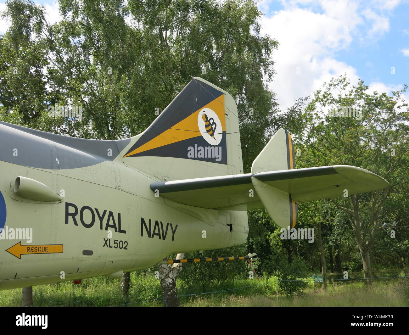 Rear view of a Royal Navy Fairey Gannet aircraft with the bee emblem on ...