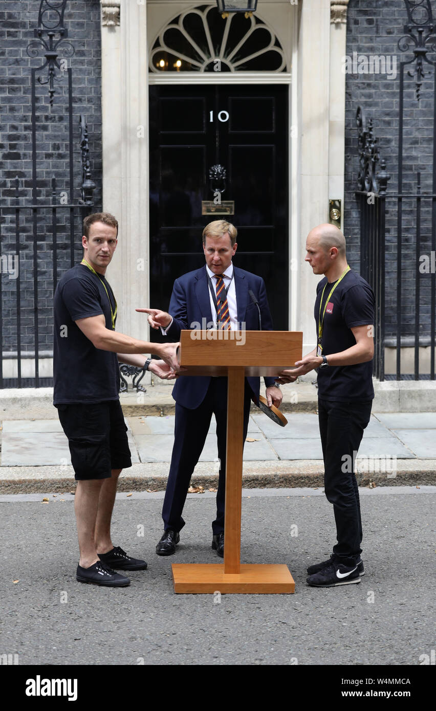 A lectern is placed outside 10 Downing Street, London, ahead of a ...