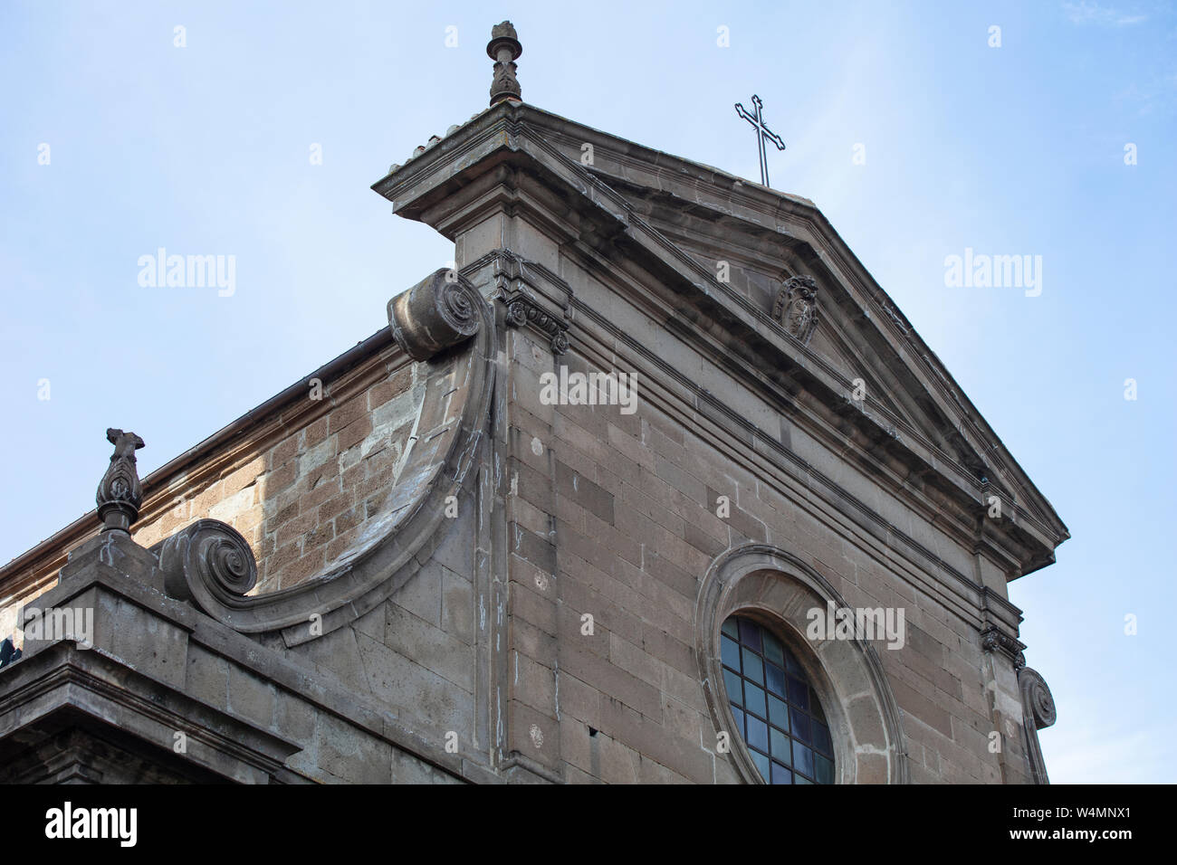 looking up to the roofline of the cathedral in Viterbo, rebuilt in the ...