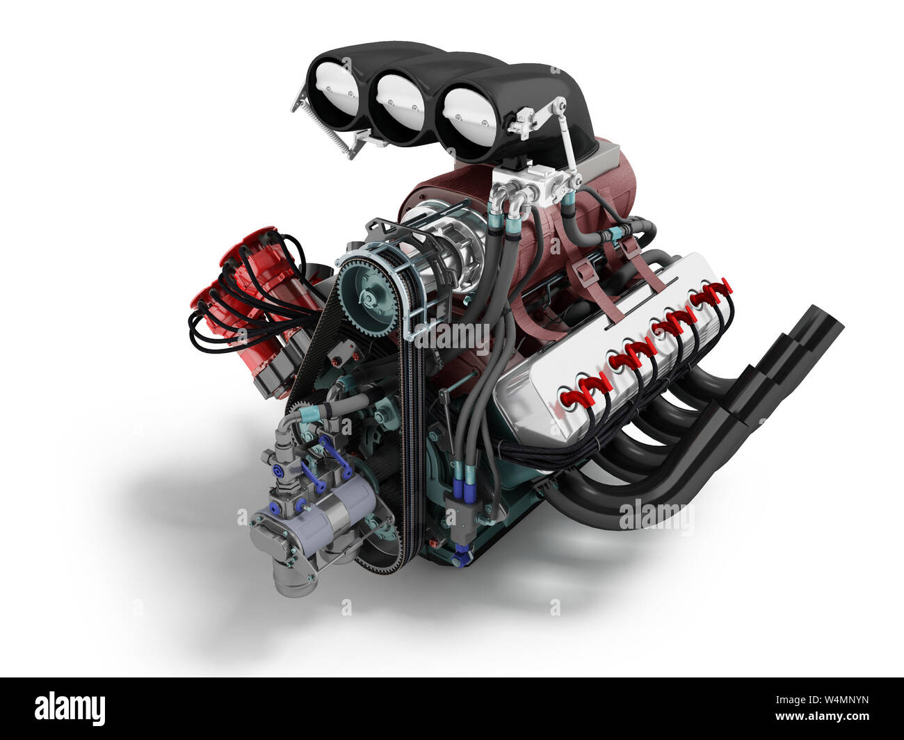 The car turbo is red. blue. front perspective 3d rendering on white ...