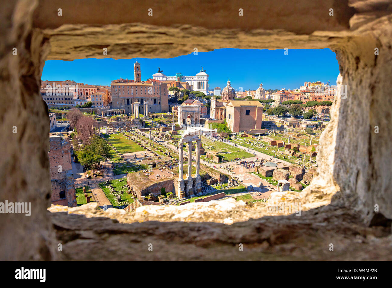 Scenic aerial stone window view over the ruins of the Roman Forum in ...