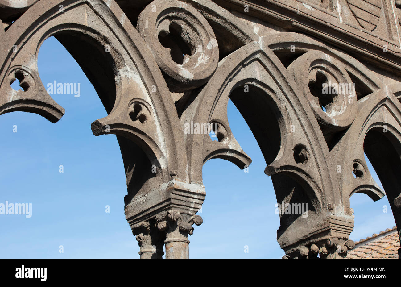 Detail of the carved stone, gothic arcade on the loggia of the Papal ...