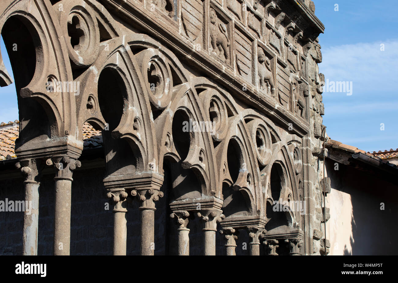 Detail of the carved stone, gothic arcade on the loggia of the Papal ...