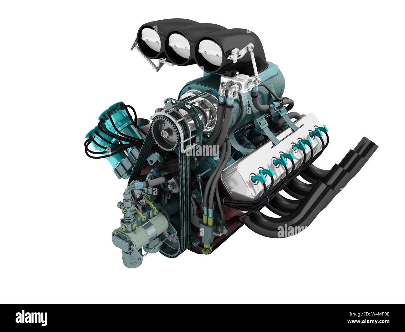 Car turbo engine black blue front perspective 3d render on white ...