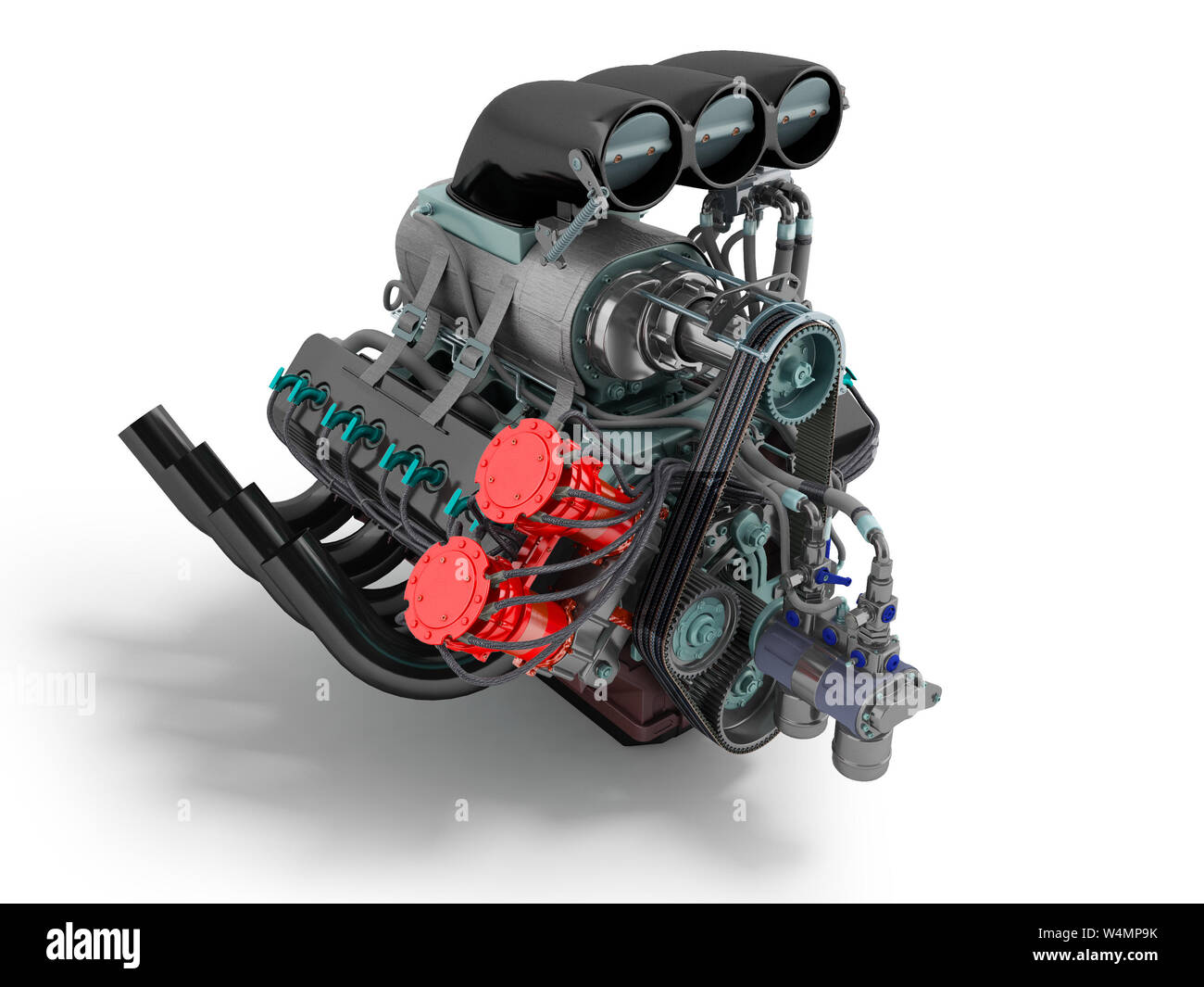 Car turbo red blue perspective on the left 3D render on a white ...