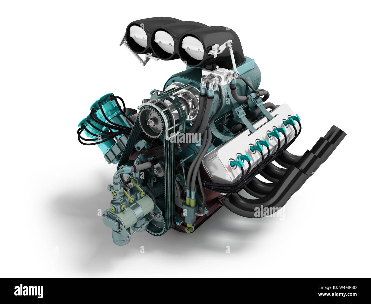 Car turbo engine black blue front perspective 3d render on white ...