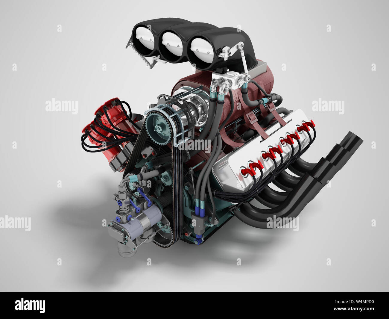 The car turbo is red. blue. front perspective 3d rendering on gray ...