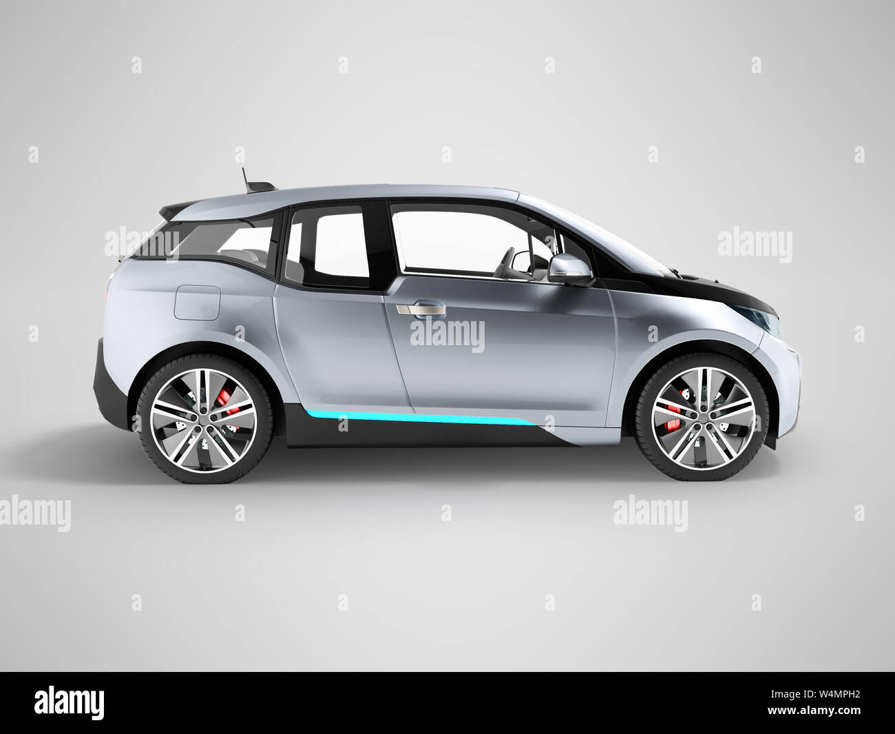 Electric car side view blue black 3d render on gray background with ...