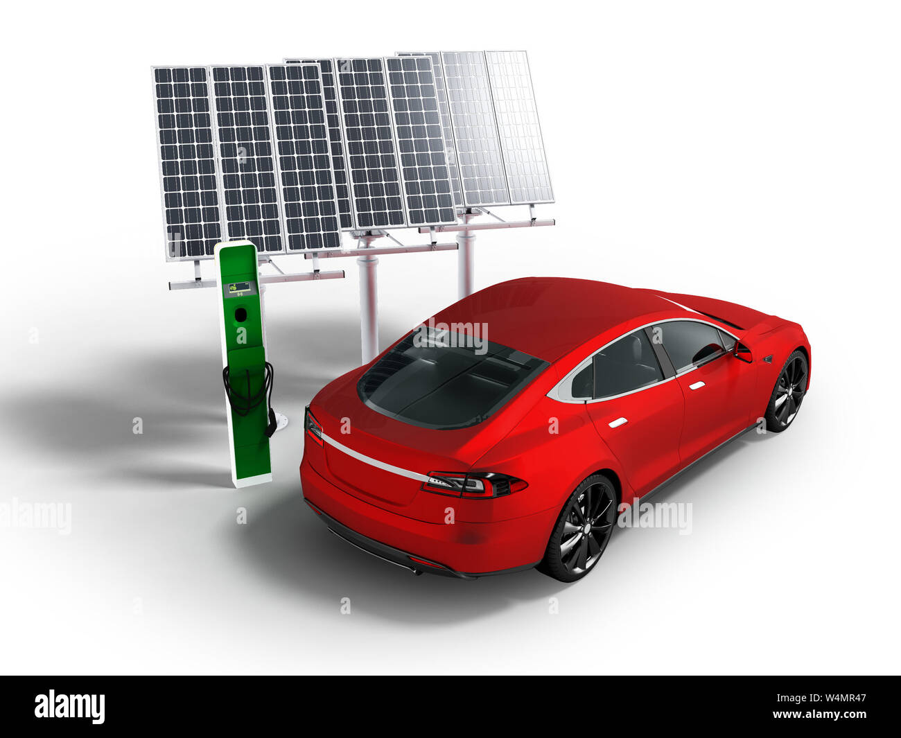 Modern refueling electric car with red solar panels perspective on ...